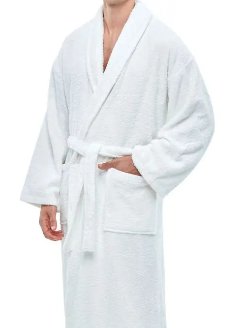 ARUS Classic Shawl Collar Ankle Length Terry Bathrobe - White
