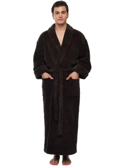 ARUS Shawl Collar Long Fleece Bathrobe - Black