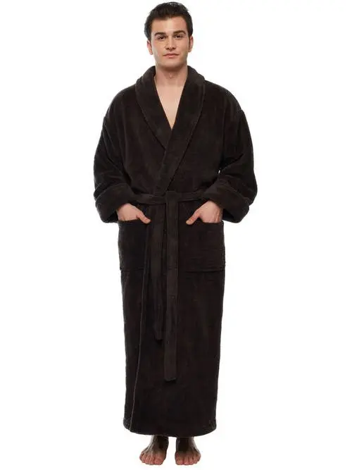 ARUS Shawl Collar Long Fleece Bathrobe - Black