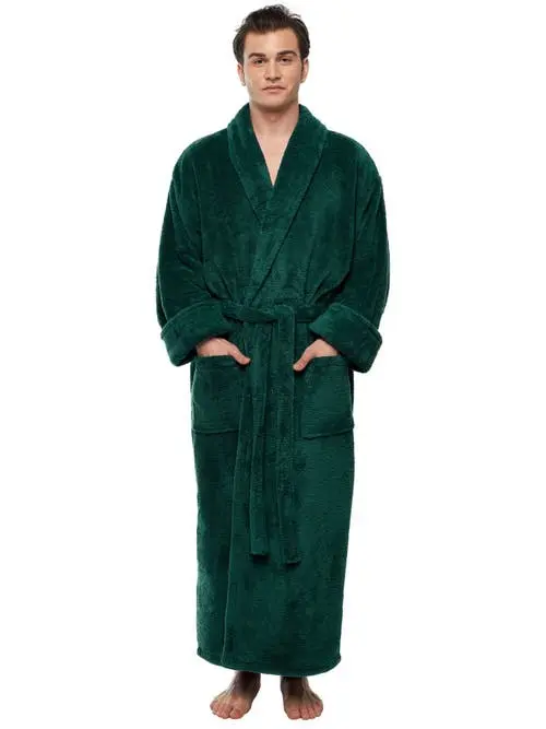 ARUS Shawl Collar Long Fleece Bathrobe - Forest Green