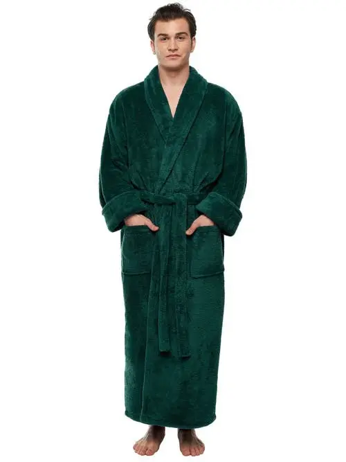 ARUS Shawl Collar Long Fleece Bathrobe - Forest Green