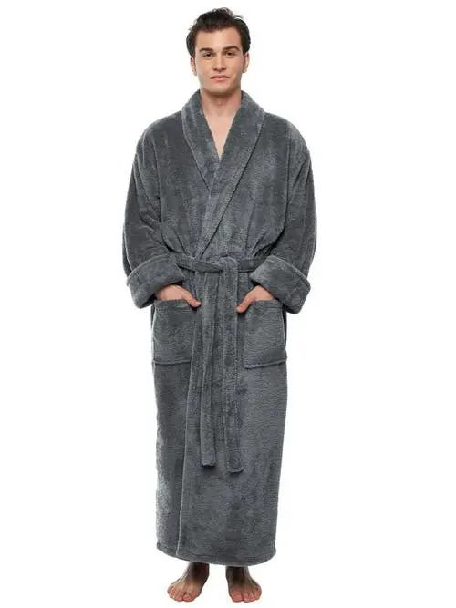 ARUS Shawl Collar Long Fleece Bathrobe - Graphite