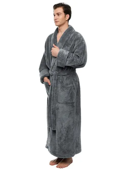 ARUS Shawl Collar Long Fleece Bathrobe - Graphite