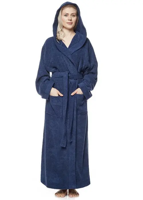 ARUS Pacifica Cotton Full Length Hooded Bathrobe - Navy