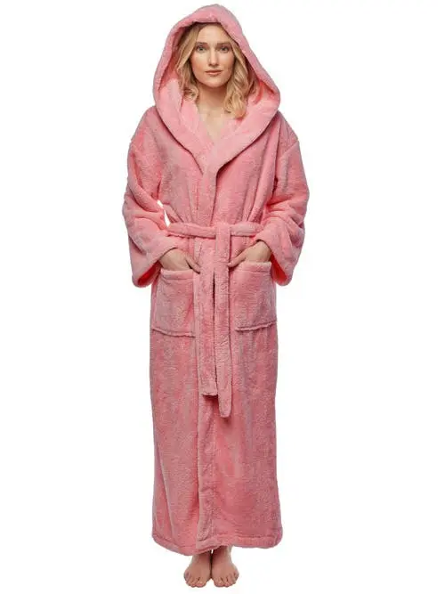 ARUS Long Fleece Robe With Hood - Coral