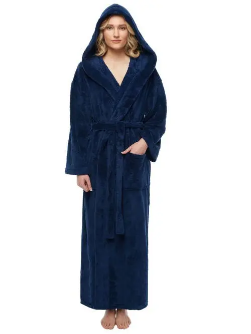 ARUS Long Fleece Robe With Hood - Navy