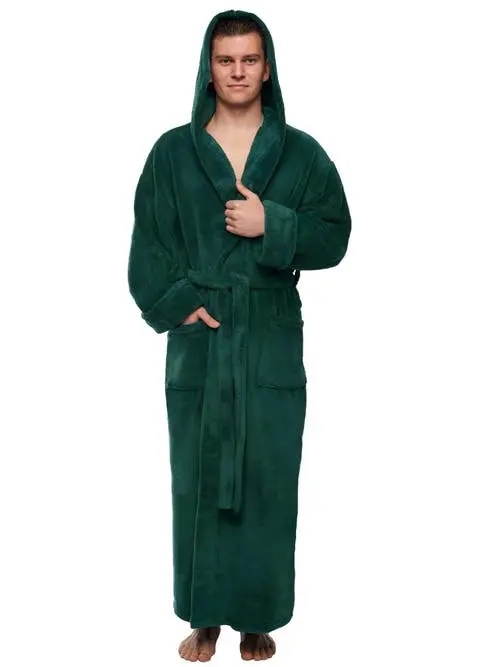 ARUS Hooded Long Fleece Robe - Forest Green
