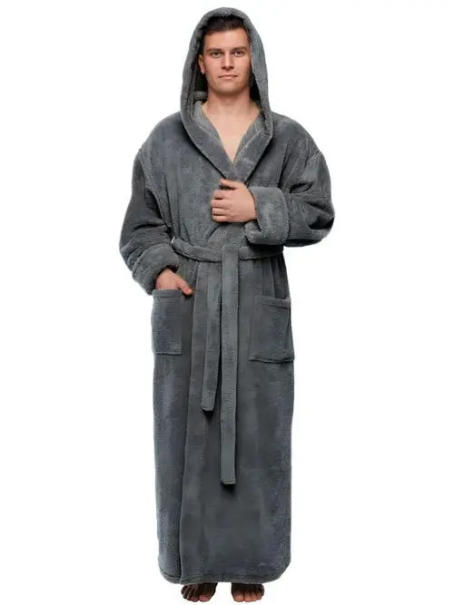 ARUS Hooded Long Fleece Robe - Graphite