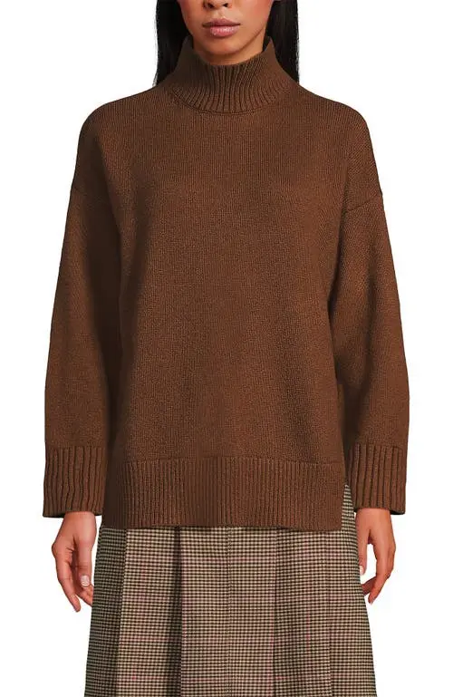 LANDS' END Split Hem Turtleneck Sweater - Rich Ginger Brown
