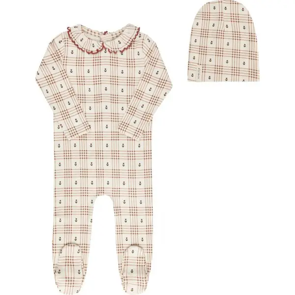ELY'S & CO. Cotton Floral Plaid Footie With Beanie - Ivory/pink