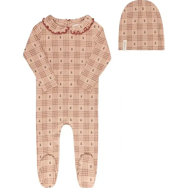 ELY'S & CO. Cotton Floral Plaid Footie With Beanie - Pink