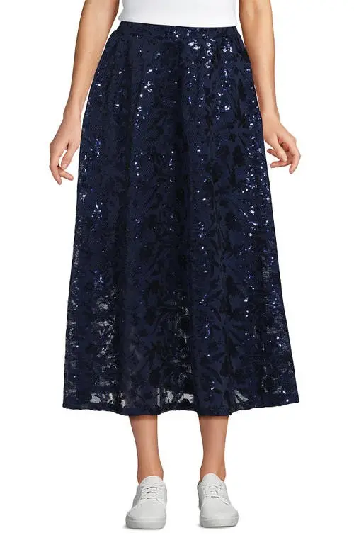 LANDS' END Sequin Lace Midi Skirt - Deep Sea Navy
