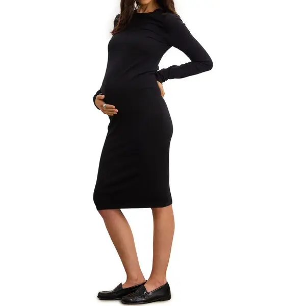 Hatch Collection Softsculpt Knit Long Sleeve Eliza Midi Dress - Black