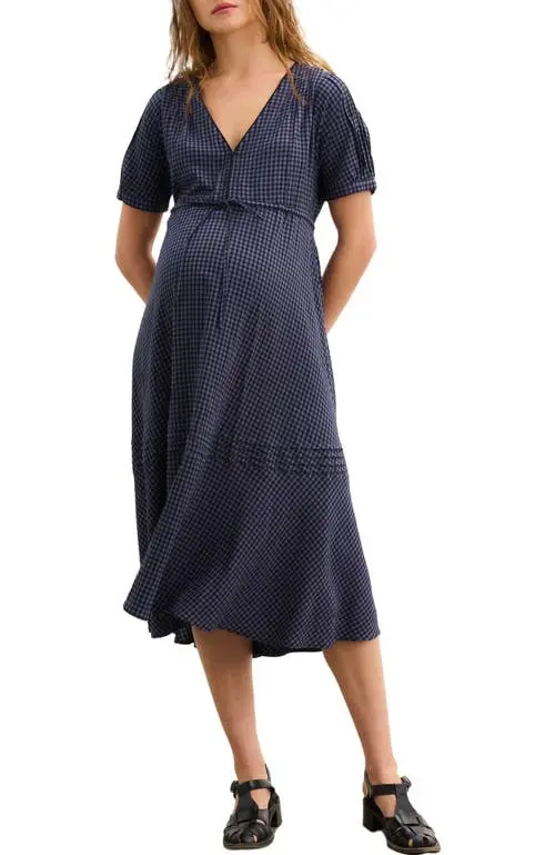 Hatch V-neck Gingham Seersucker Midi Dress