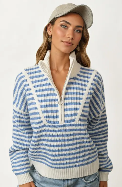 KNIT & LOUNGE Striped Half Zip Knit Pullover