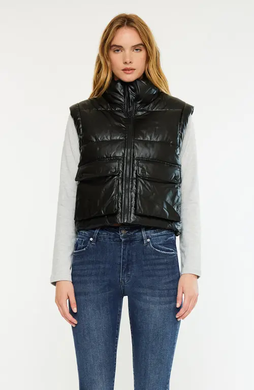 KANCAN Cropped Faux Leather Puffer Vest - Black