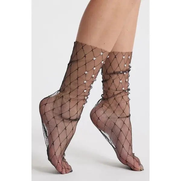 HIGH HEEL JUNGLE Crystal Sheer Tulle Crew Socks - Black