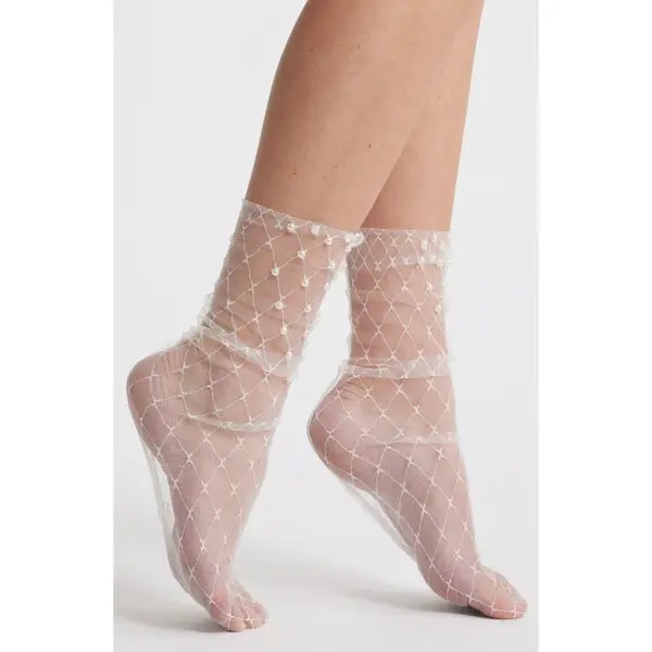 HIGH HEEL JUNGLE Crystal Sheer Tulle Crew Socks - White
