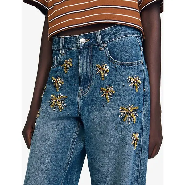 Sandro Rhinestone-embellished Mid-rise Straight Leg Jeans