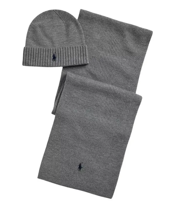 Ralph Lauren Wool Beanie And Scarf Set - Fawn Grey Heather