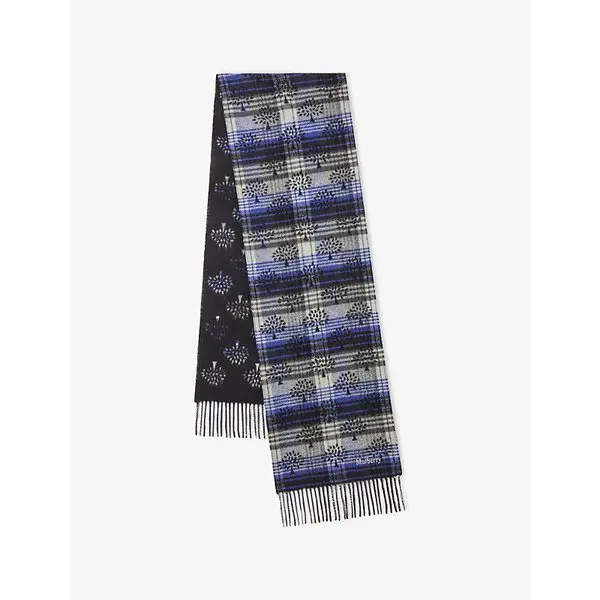 Mulberry Heritage Check And Tree Wool Scarf - Black-cobalt Blue