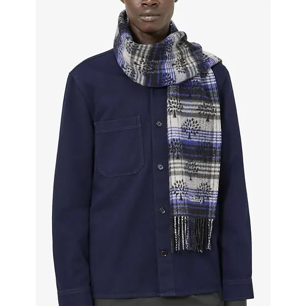 Mulberry Heritage Check And Tree Wool Scarf - Black-cobalt Blue