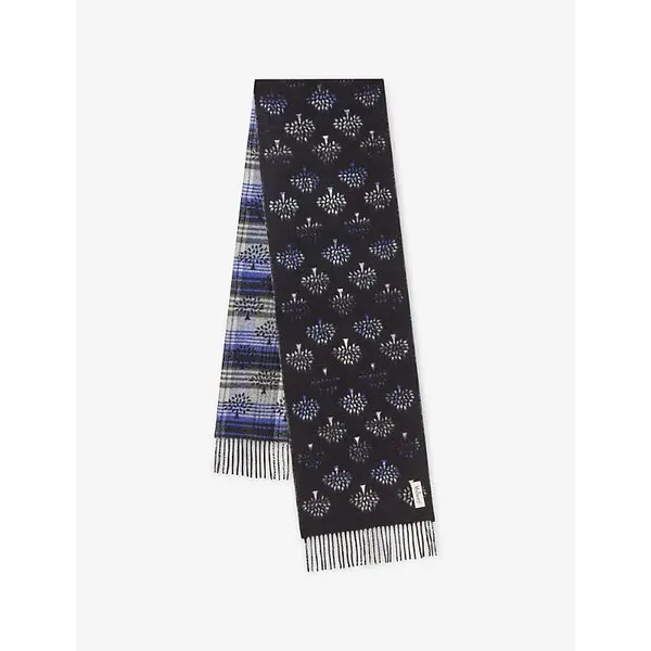 Mulberry Heritage Check And Tree Wool Scarf - Black-cobalt Blue
