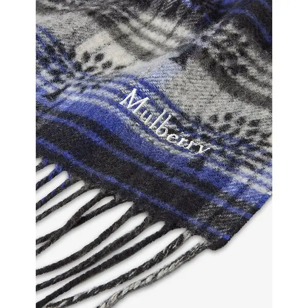 Mulberry Heritage Check And Tree Wool Scarf - Black-cobalt Blue