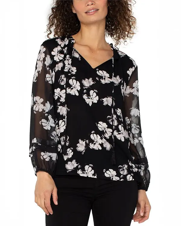 LIVERPOOL Split Neck Sheer Sleeve Top