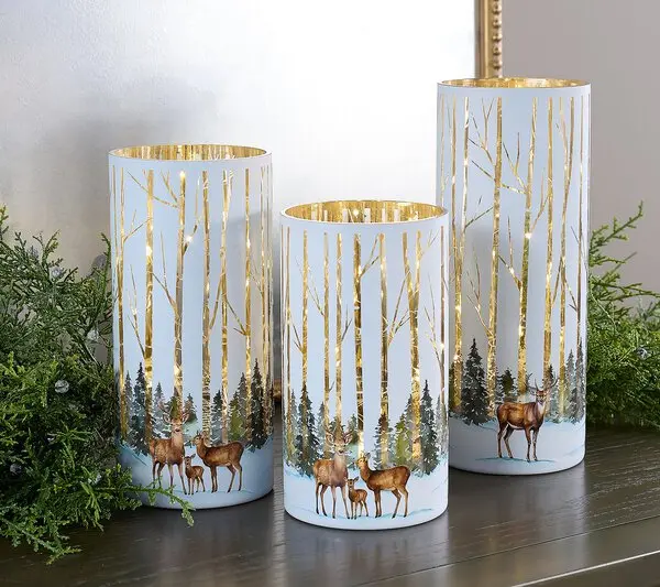 VALERIE PARR HILL Set Of 3 Illuminated Woodland Glass Hurricanes Valerie - One-color