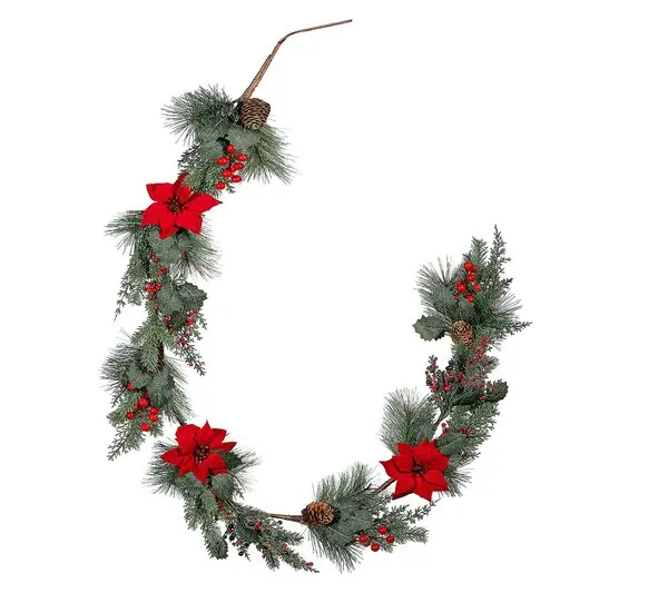 EVERGREEN 72'l Artificial Poinsettia & Berries Pine Garland - One-color
