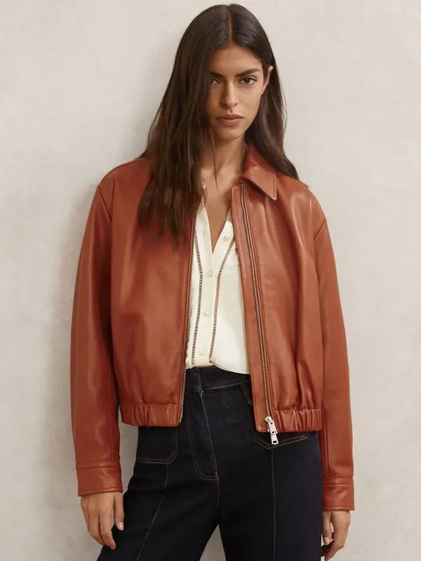 REISS Lottie Leather Cropped Bomber Jacket
