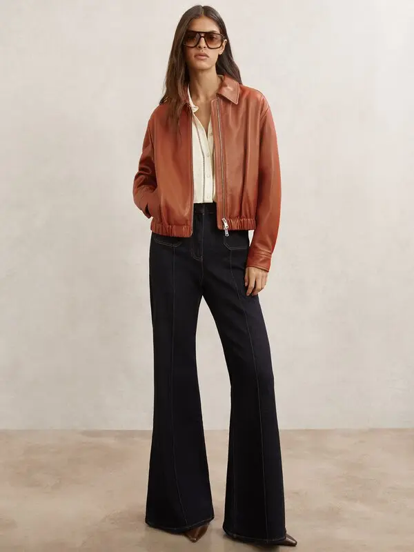 REISS Lottie Leather Cropped Bomber Jacket