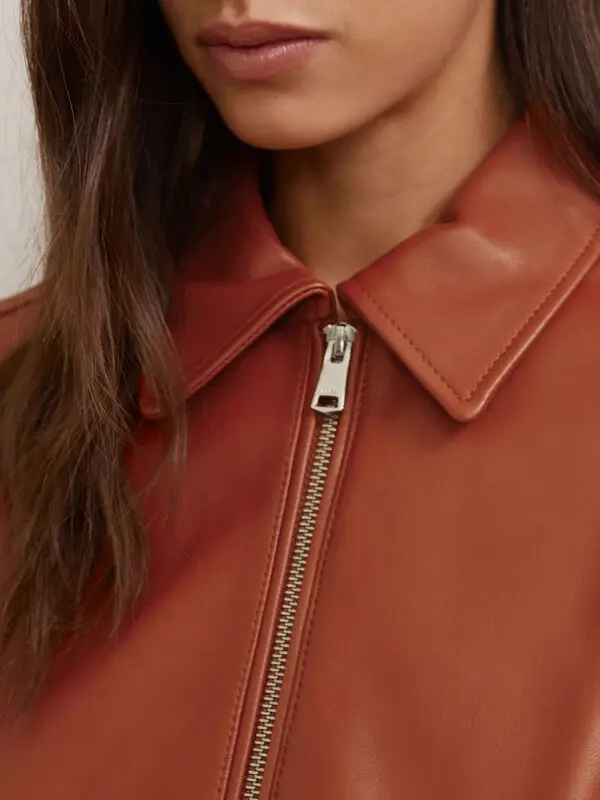 REISS Lottie Leather Cropped Bomber Jacket