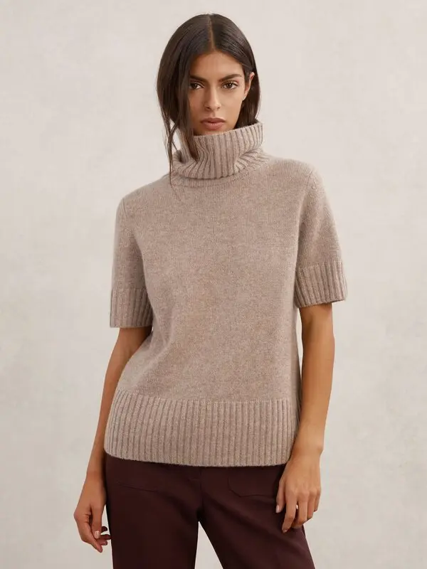 REISS Esme Cashmere Short-sleeve Roll-neck Jumper - Oatmeal Neutral