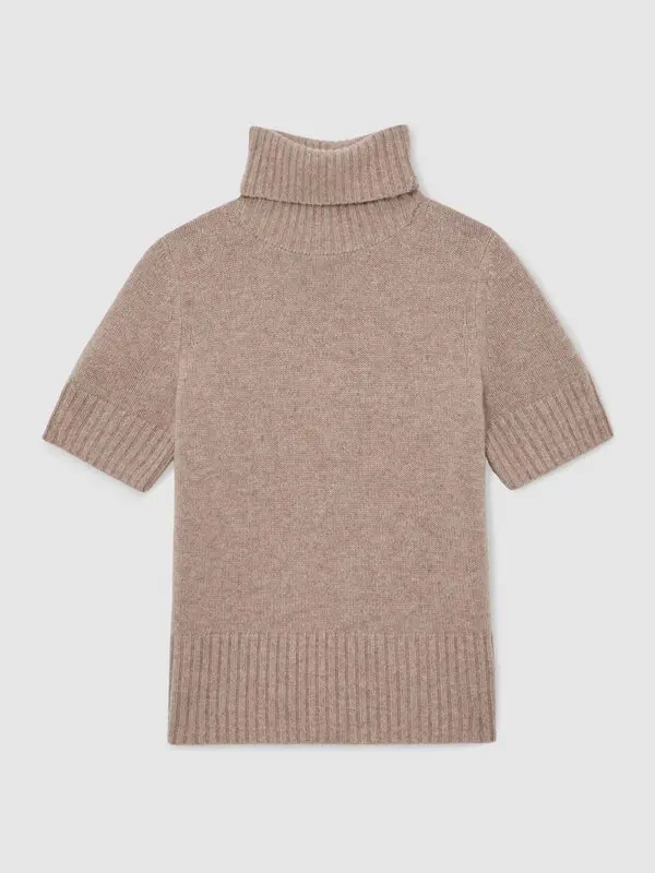 REISS Esme Cashmere Short-sleeve Roll-neck Jumper - Oatmeal Neutral