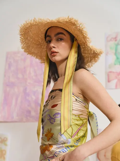 LOST PATTERN Frida's Garden Straw Hat With Ribbon Tie - Green