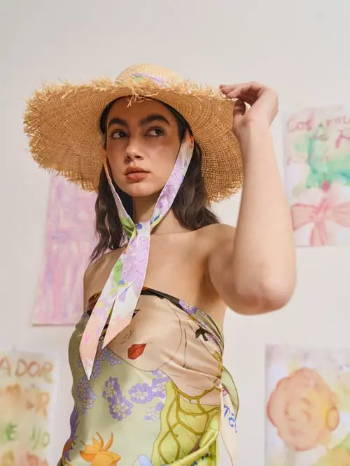 LOST PATTERN Frida's Garden Straw Hat With Ribbon Tie - Pink