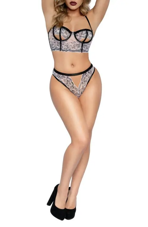 DREAMGIRL Black & White Lace Underwire Bustier & Thong Set - Black/white