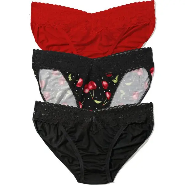 Hanky Panky Dreamease Assorted 3-pack V-cut Bikini Briefs - Black/cherry Bomb/red