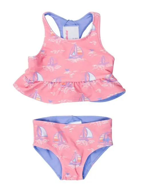 RUFFLEBUTTS Upf50 Sun Protected Reversible Peplum Tankini - Pink Seas The Day