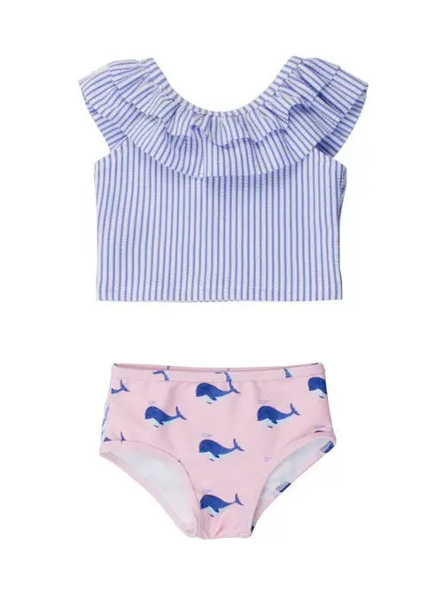 RUFFLEBUTTS Upf 50+ Sun Protected Ruffle Tankini - Pink Whale Friends