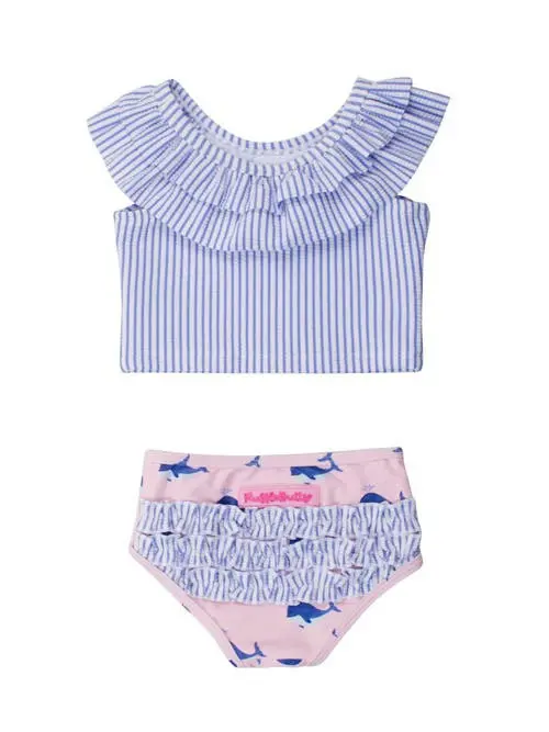 RUFFLEBUTTS Upf 50+ Sun Protected Ruffle Tankini - Pink Whale Friends