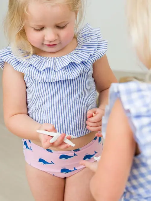 RUFFLEBUTTS Upf 50+ Sun Protected Ruffle Tankini - Pink Whale Friends