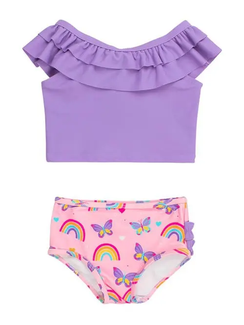 RUFFLEBUTTS Upf 50+ Sun Protected Ruffle Tankini - Rainbows & Butterflies