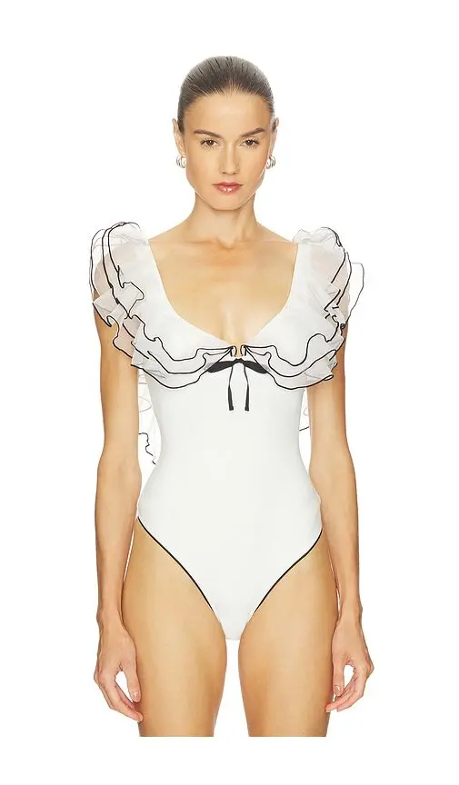 Free People Sugar Rush" Bodysuit With Ruffled Neckline And Bow Detail