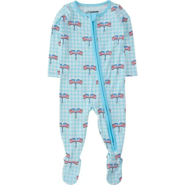 RUFFLEBUTTS Modal Blend One Piece Footie Pajamas - Blue Patriotic Gingham