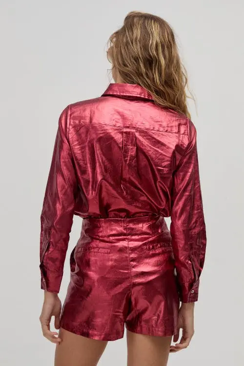 Lanhtropy Metallic Linen High-waisted Shorts - Metallic Cherry
