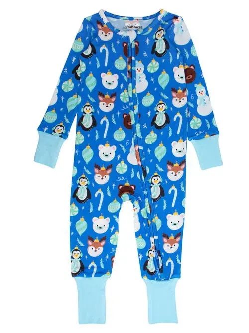 RUFFLEBUTTS Softsnooze Gender Inclusive Holiday Convertible One Piece Pajamas - Blue Frosty Friends