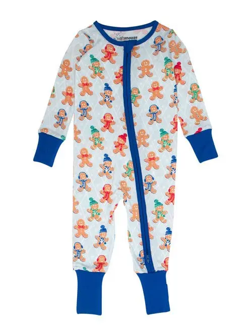 RUFFLEBUTTS Softsnooze Gender Inclusive Holiday Convertible One Piece Pajamas - Blue Gingerbread Buddies
